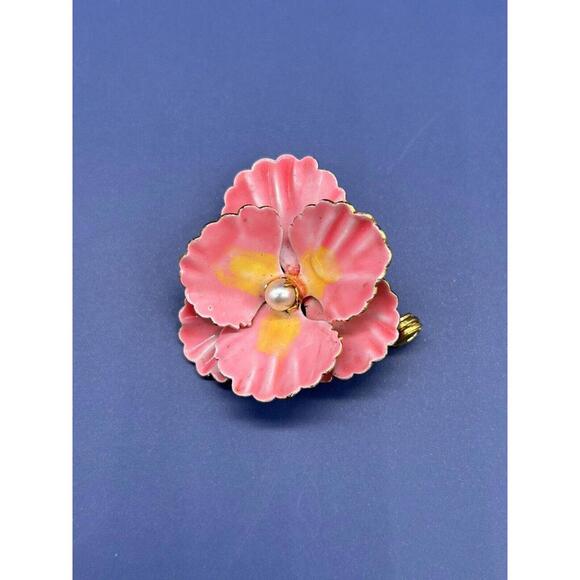 Jewelry | Vintage Original By Robert Pink Enamel Pearl Flower Brooch ...